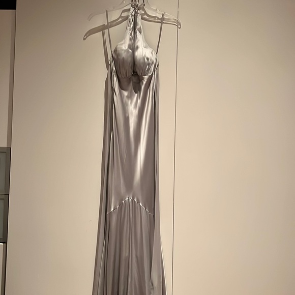 Cache | Dresses | Silver Floor Length Satin Dress With Low Back | Poshmark